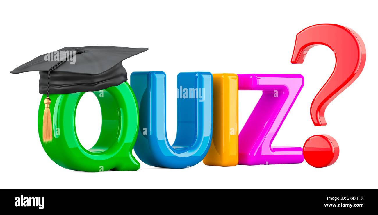 QUIZ, concept with education hat. 3D rendering isolated on white ...