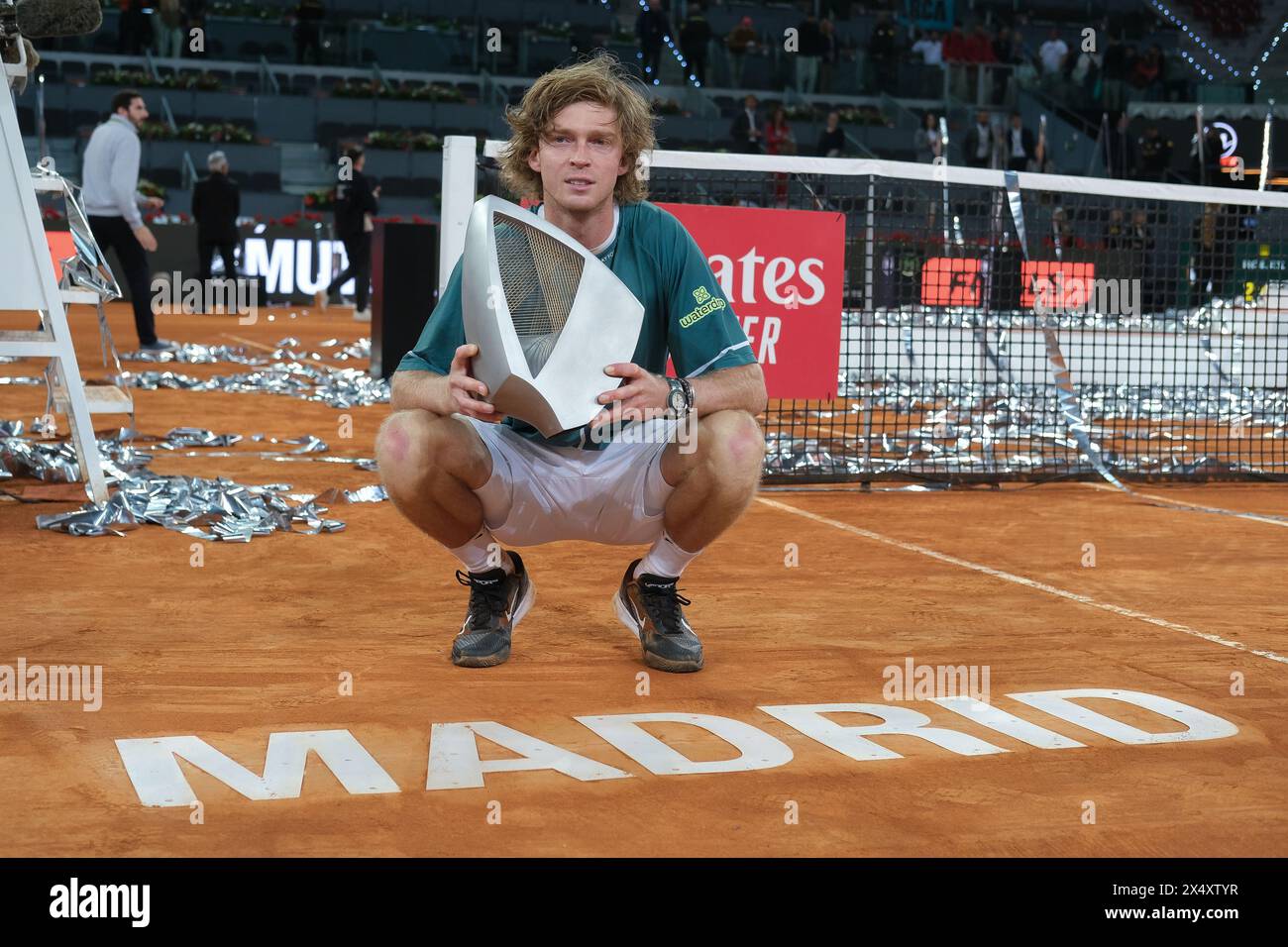 Andrey Rublev poses with the Mutua Madrid Open trophy following victory in the Men's Singles ...