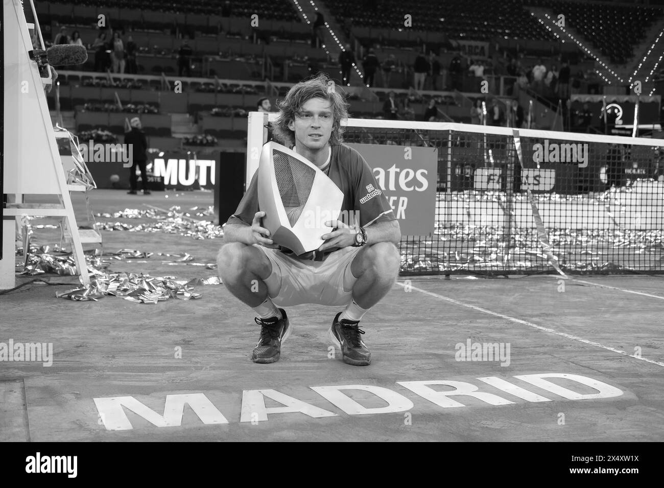 Andrey Rublev poses with the Mutua Madrid Open trophy following victory in the Men's Singles ...