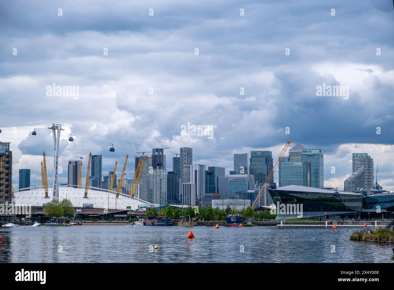 Aerial view of River Thames, North Greenwich and the Docklands on a ...