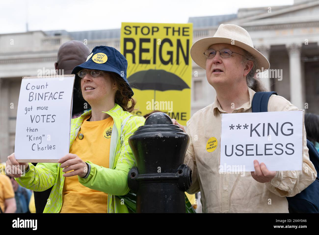London, UK. 5 May, 2024. Anti-monarchists gather in Trafalgar Square as ...
