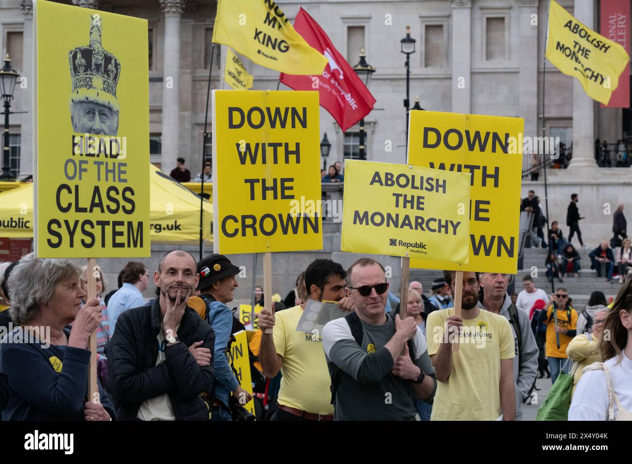 London, UK. 5 May, 2024. Anti-monarchists gather in Trafalgar Square as ...