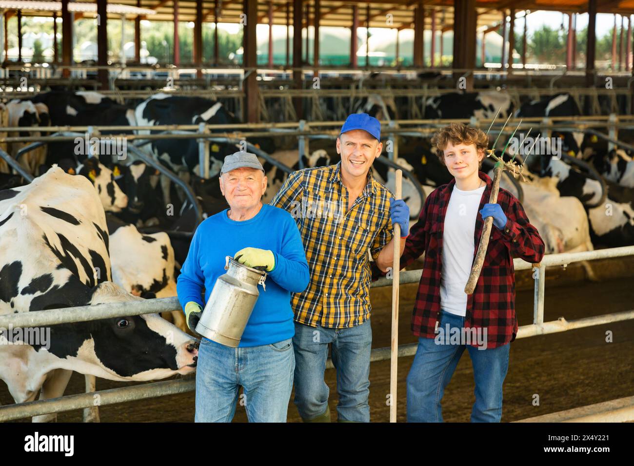 Successful elderly dairy farm owner with son and teen grandson standing ...