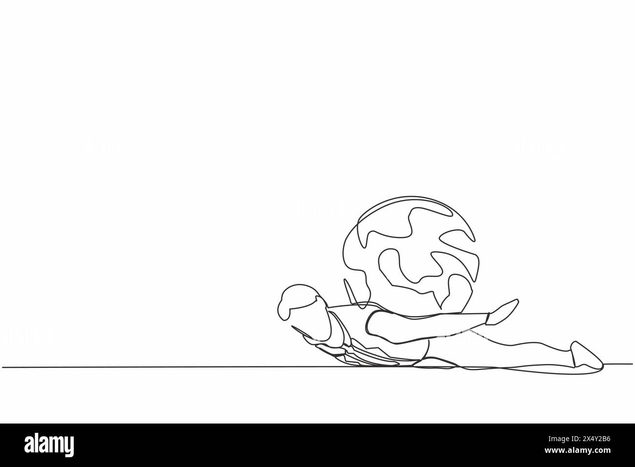 Single one line drawing depressed businessman under heavy globe burden ...