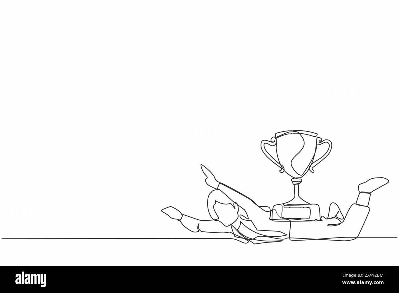 Single continuous line drawing unhappy businesswoman under heavy trophy ...