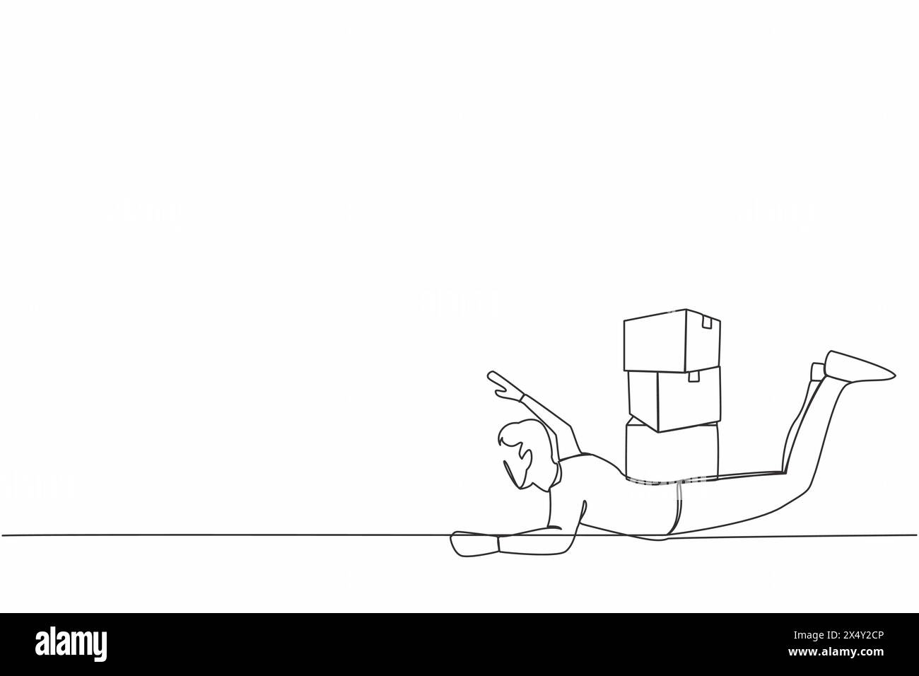 Single continuous line drawing depressed businessman under heavy pile ...