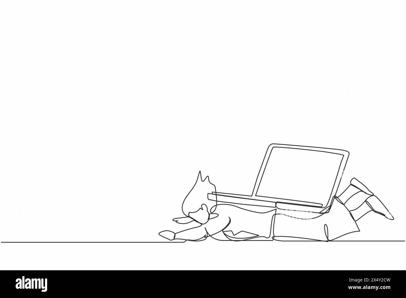 Continuous one line drawing of unhappy businesswoman under heavy laptop ...