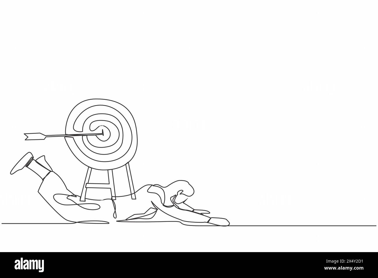 Single continuous line drawing unhappy businesswoman under heavy target ...