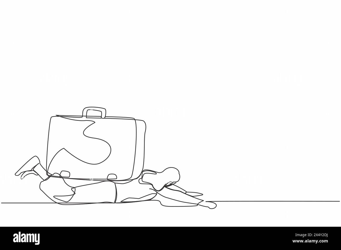 Continuous one line drawing unhappy businesswoman under heavy briefcase ...