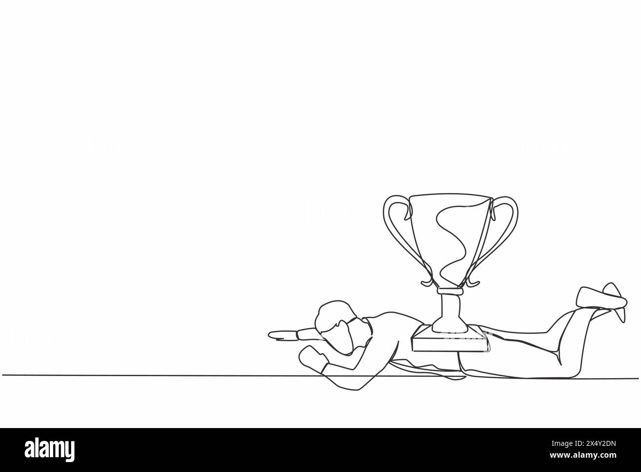 Continuous one line drawing depressed businessman under heavy trophy ...