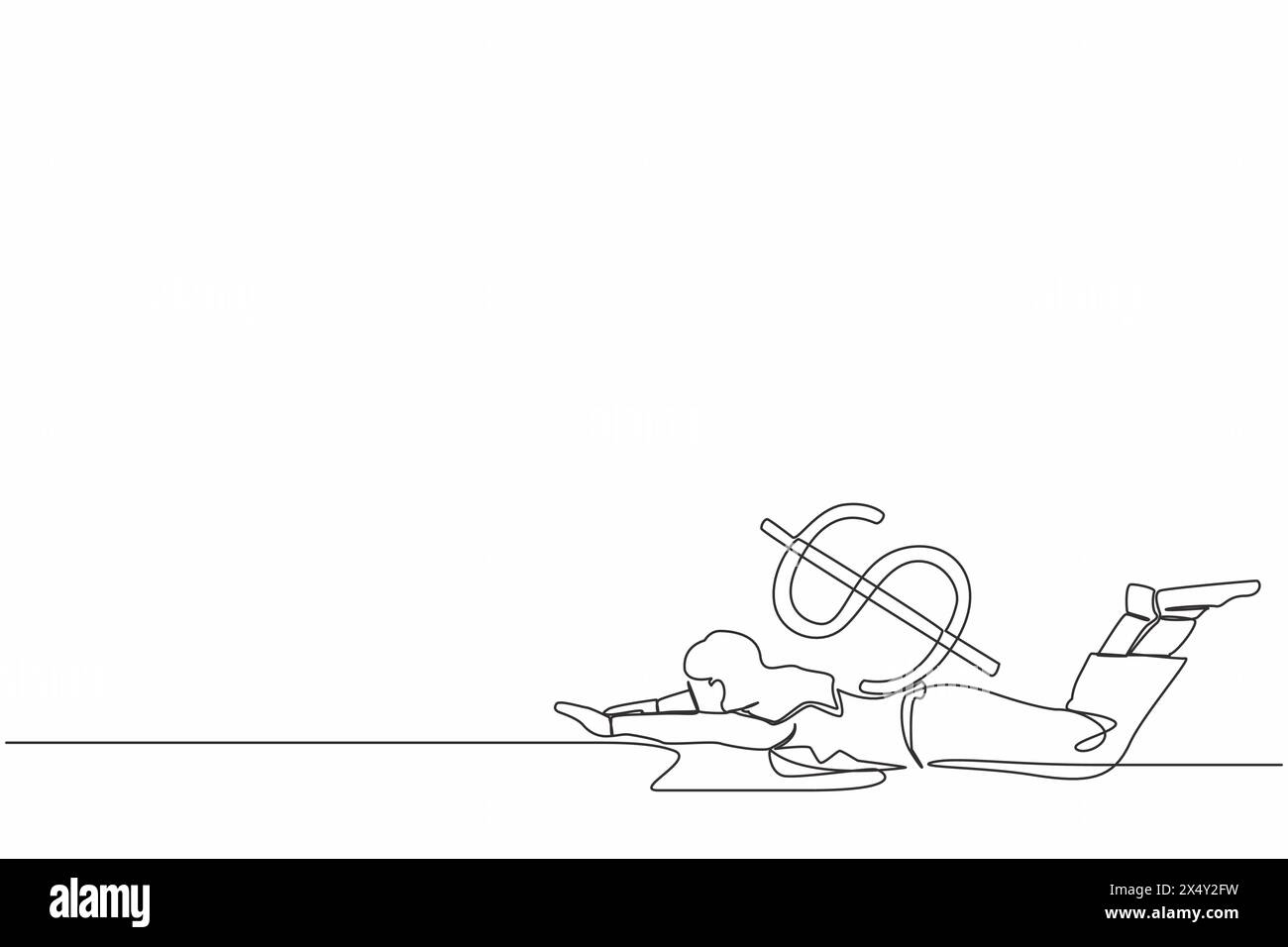 Single one line drawing unhappy businesswoman under heavy dollar symbol ...