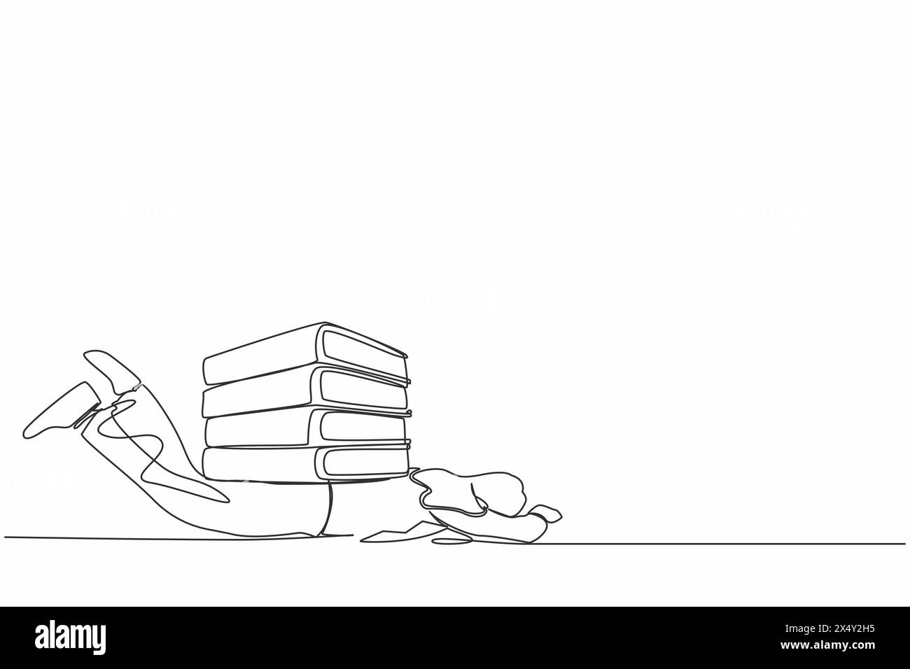 Continuous one line drawing unhappy businesswoman under heavy pile of ...