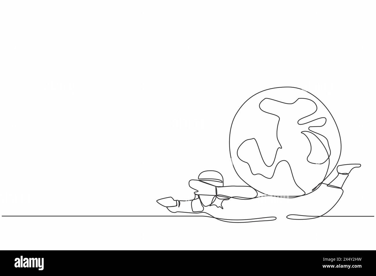Single continuous line drawing Arab businessman under heavy globe ...