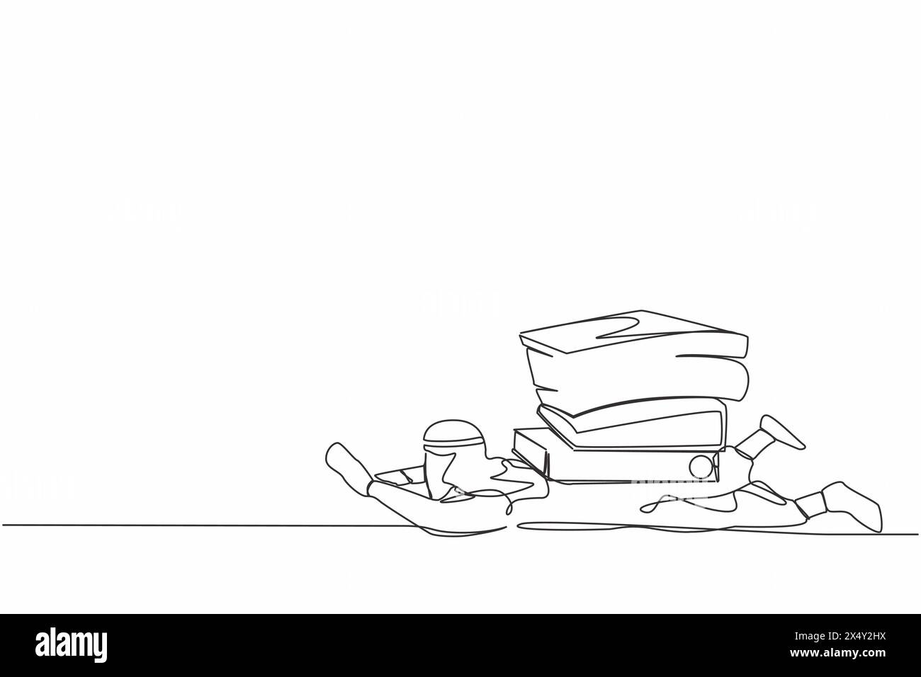 Continuous one line drawing Arab businessman under heavy pile paper ...
