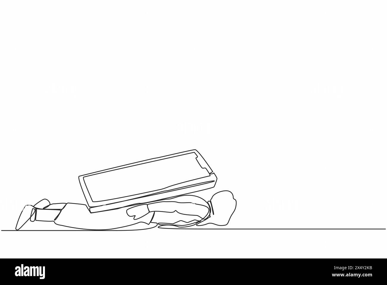 Single continuous line drawing unhappy businesswoman under heavy ...