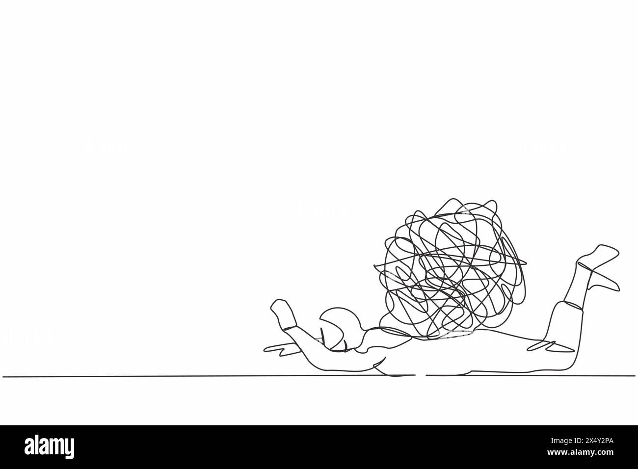 Continuous one line drawing Arabian businesswoman under heavy messy ...