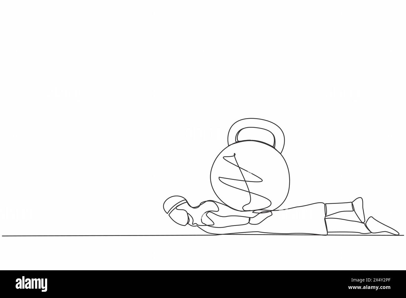 Single continuous line drawing Arab businessman under heavy kettlebell ...