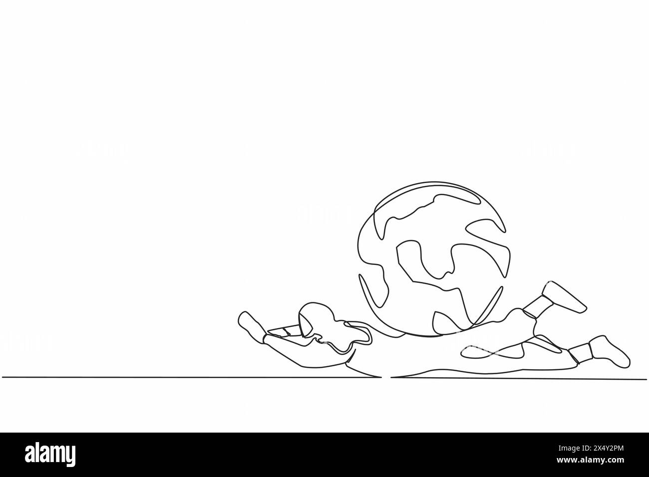 Continuous one line drawing Arabian businesswoman under heavy globe ...