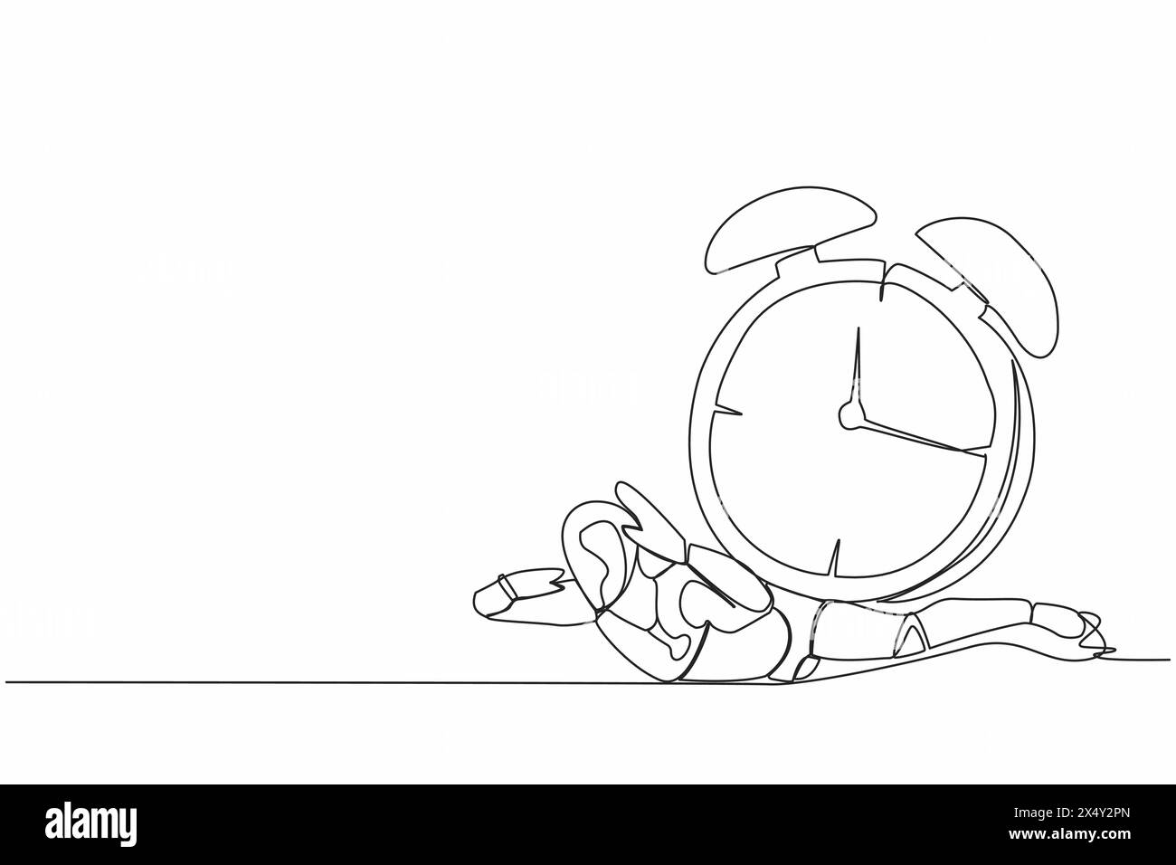 Single one line drawing stressed robot under heavy alarm clock burden ...