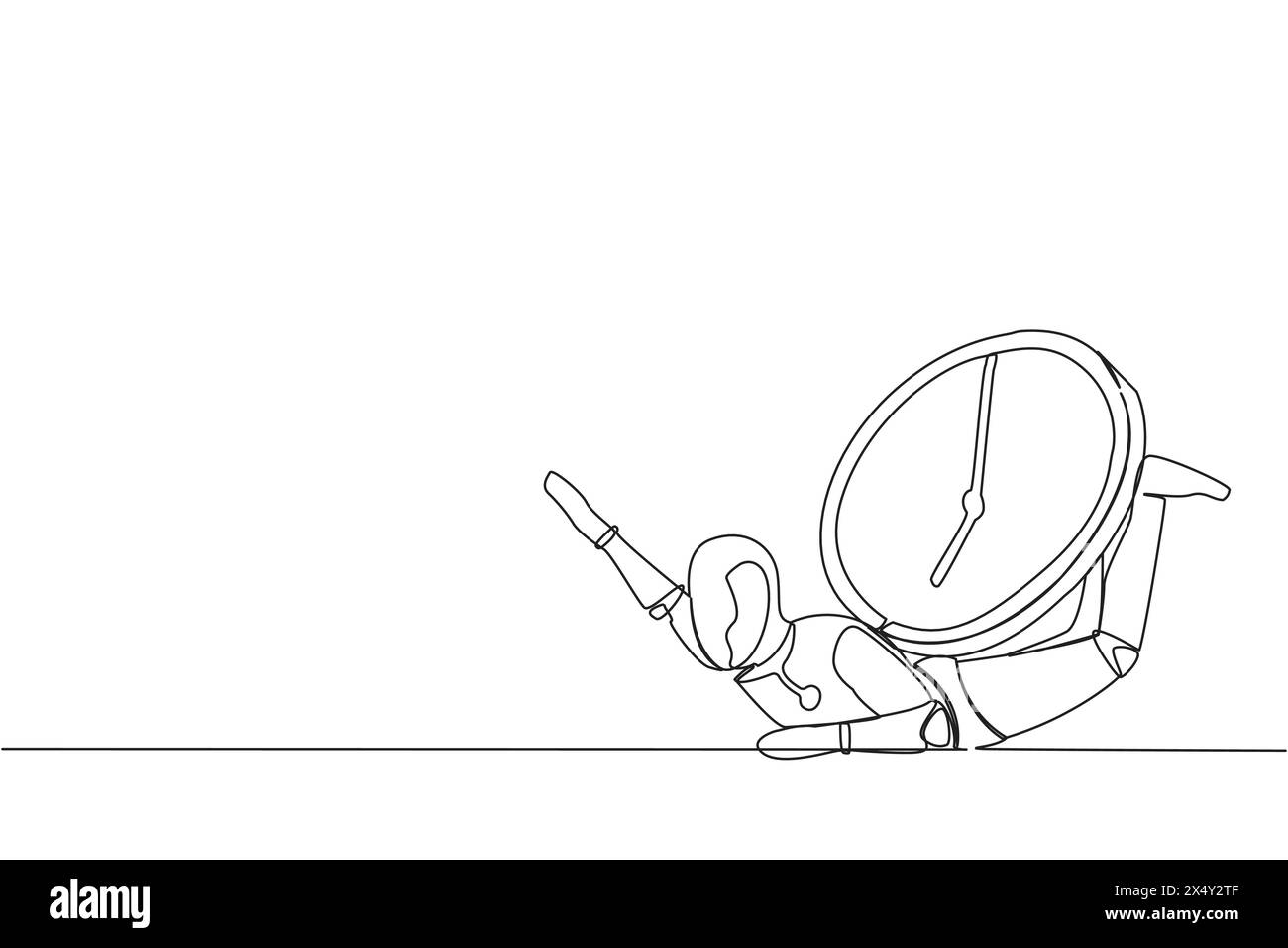 Single one line drawing stressed robot under heavy wall clock burden ...