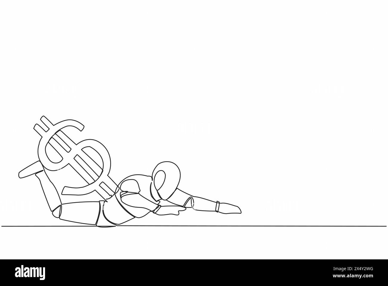 Single one line drawing stressed robot under heavy dollar symbol burden ...