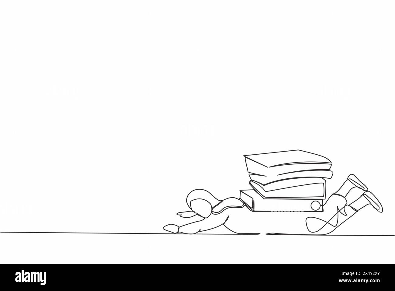 Continuous one line drawing Arab businesswoman under heavy pile of ...