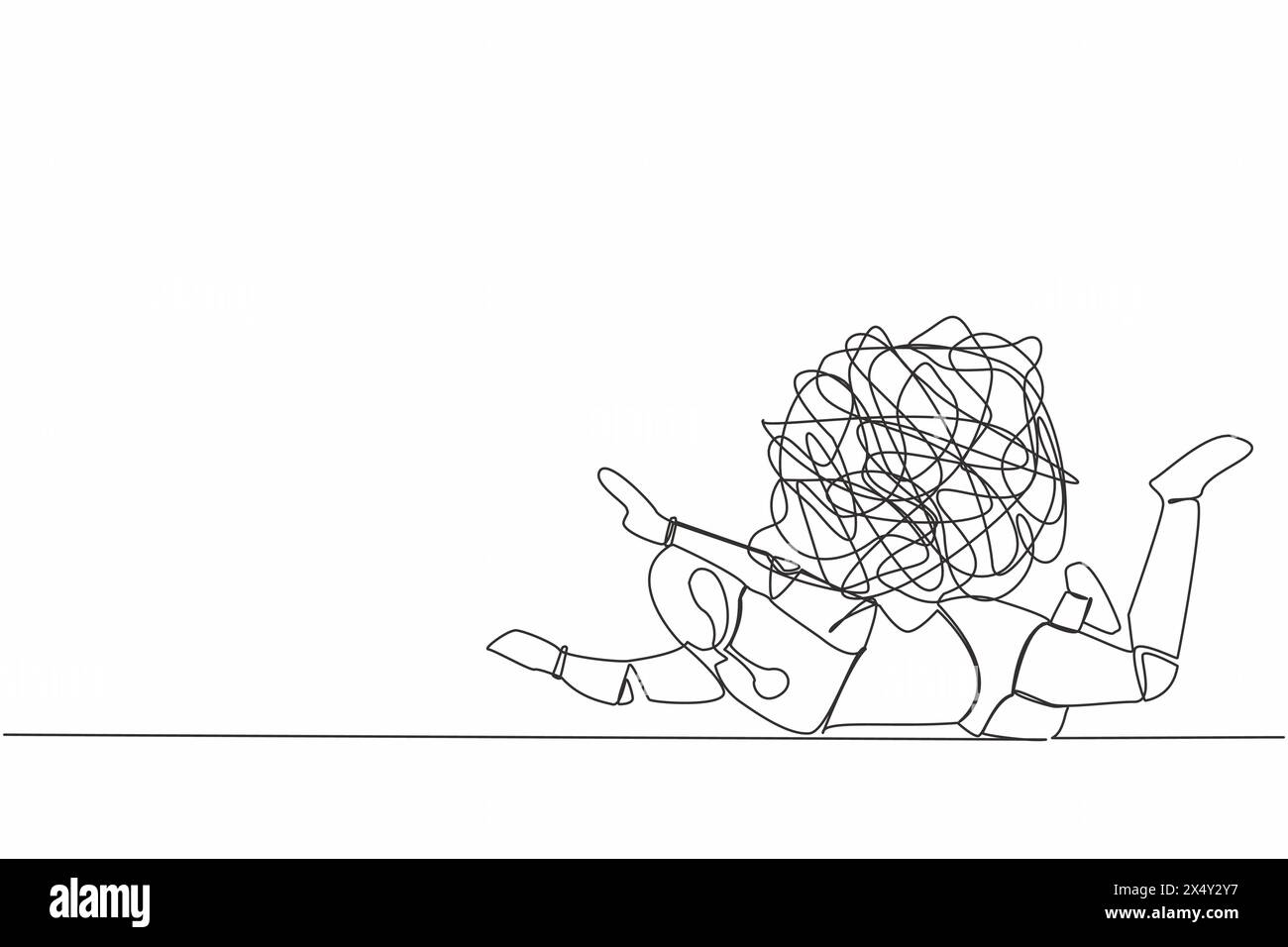 Single continuous line drawing stressed robot under heavy messy line ...