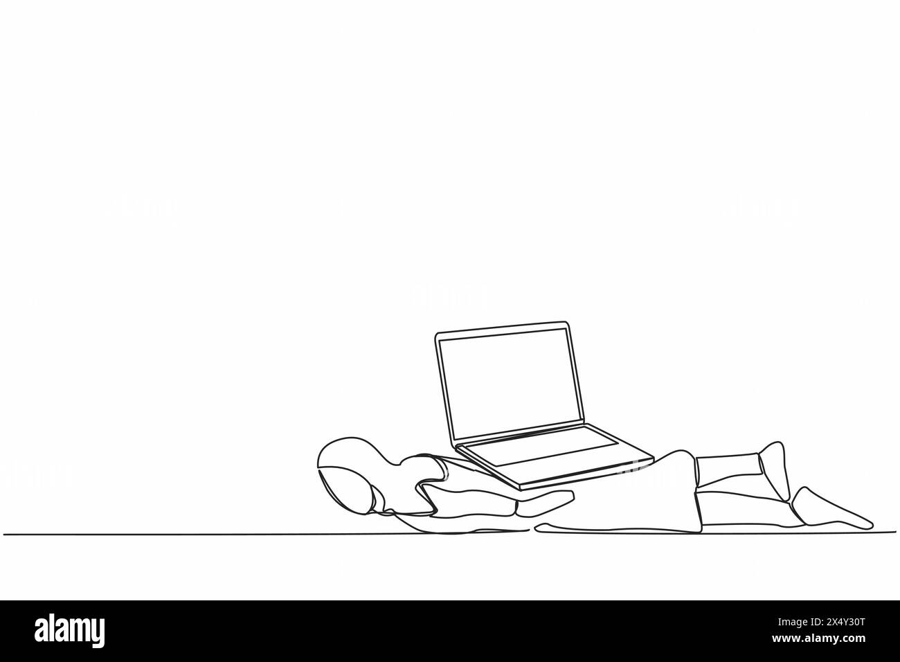 Continuous one line drawing Arabian businesswoman under heavy laptop ...