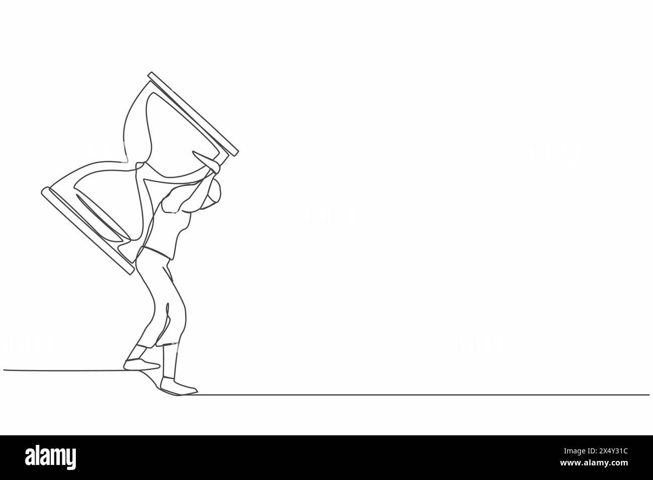 Continuous one line drawing frustrated businesswoman carrying hourglass ...