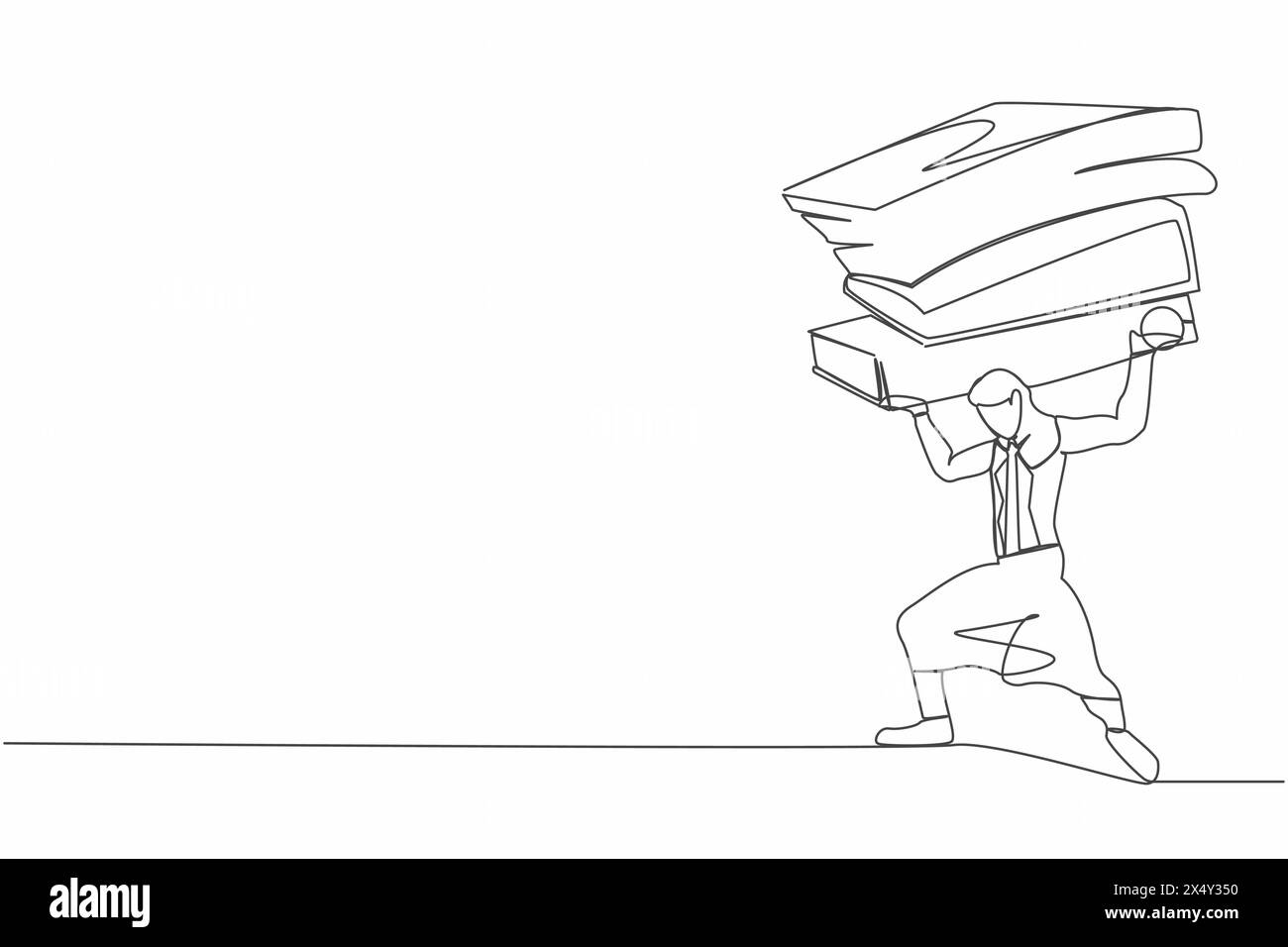 Single continuous line drawing frustrated businesswoman carrying pile ...