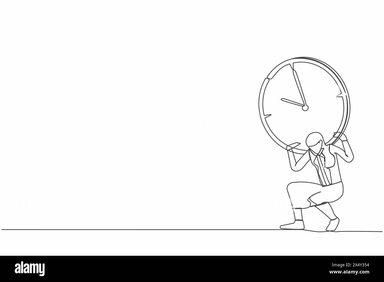 Single one line drawing frustrated businesswoman carrying heavy clock ...