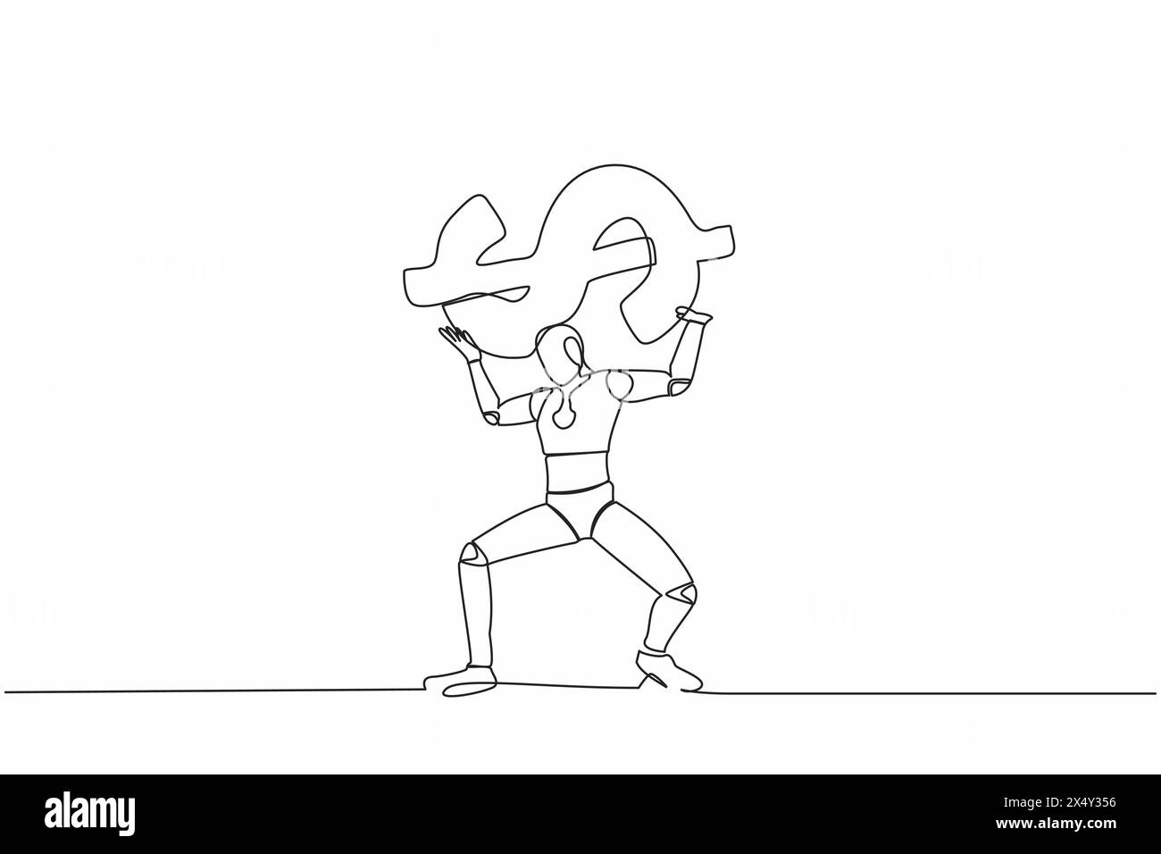 Single continuous line drawing tired robot carrying heavy dollar symbol ...
