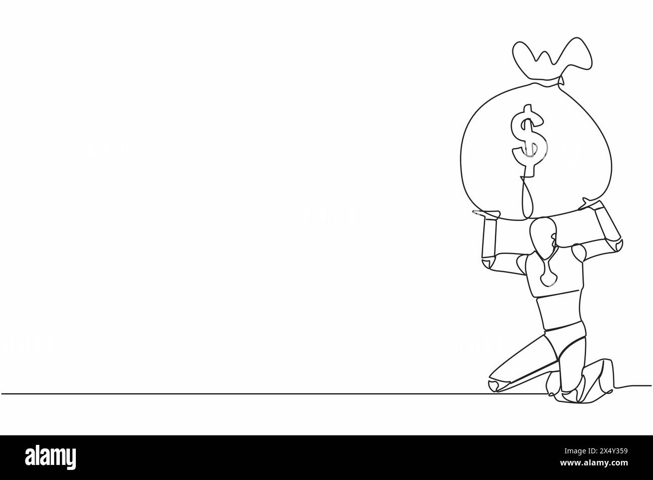 Continuous one line drawing tired robot carrying heavy money bag on his ...