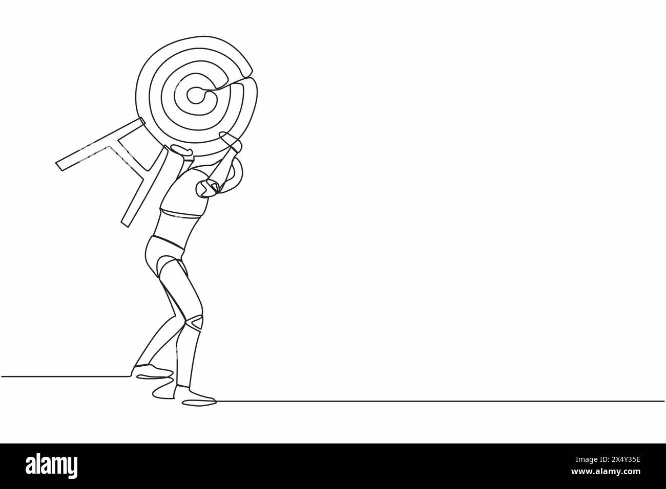 Single one line drawing tired robot carrying heavy target on his back ...
