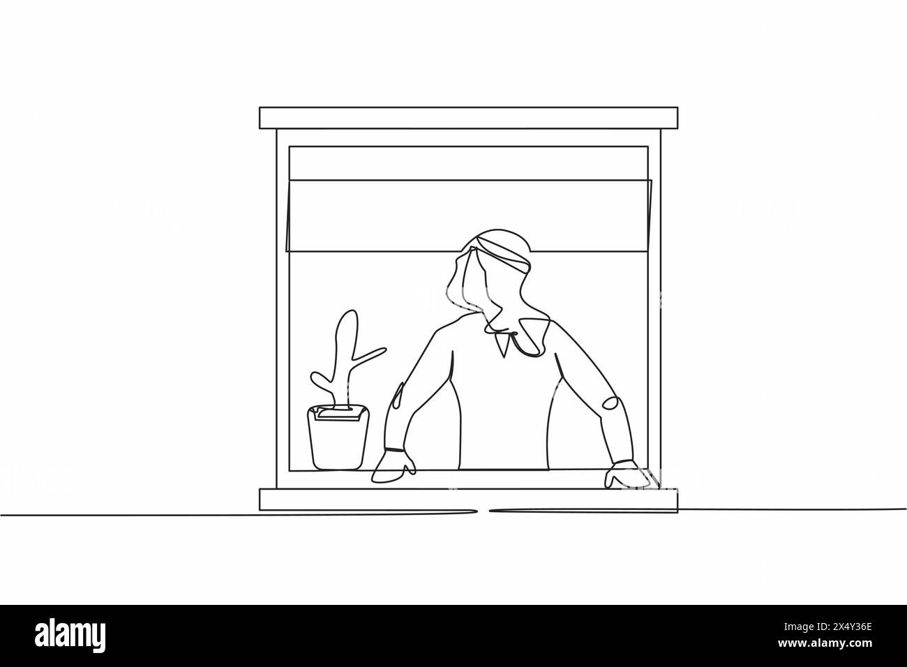 Continuous one line drawing curious Arab businessman looking outside ...