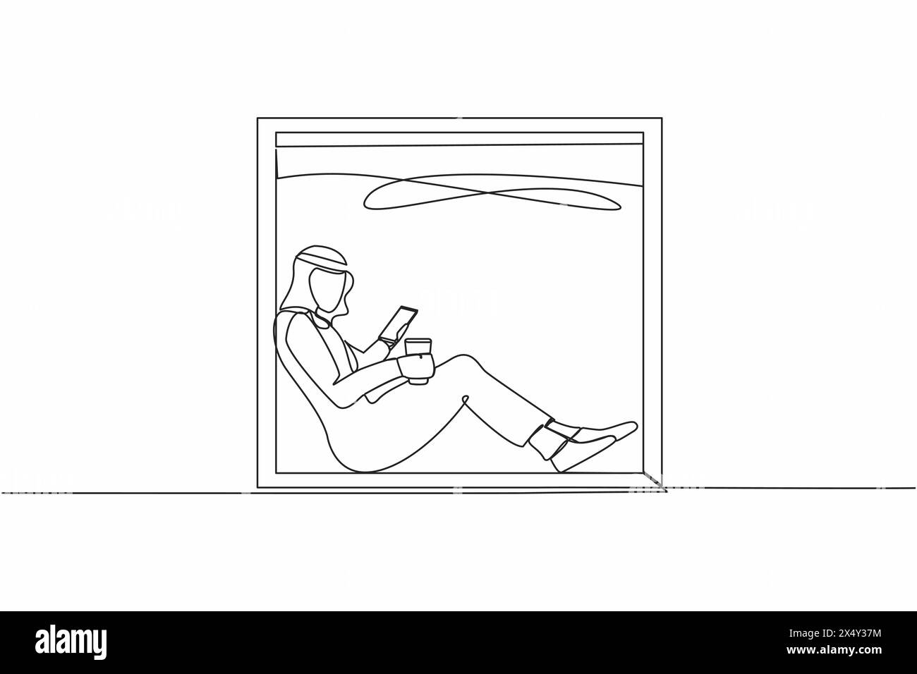 Single one line drawing young Arab man sitting on windowsill with ...