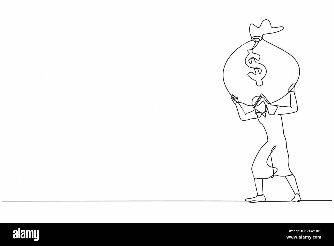 Single one line drawing Arabian businessman carrying heavy money bag on ...