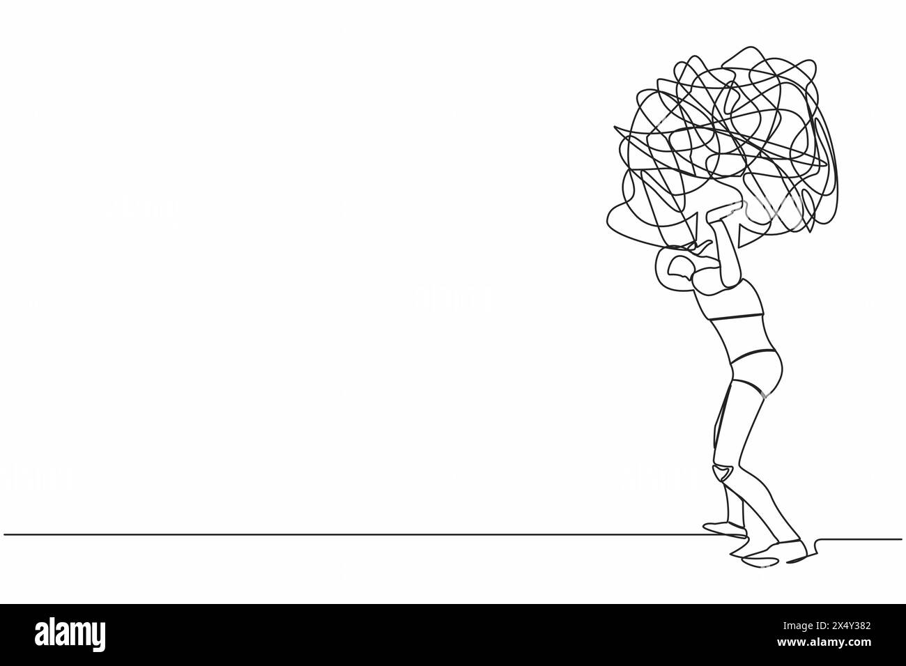 Single continuous line drawing tired robot carrying heavy messy line on ...