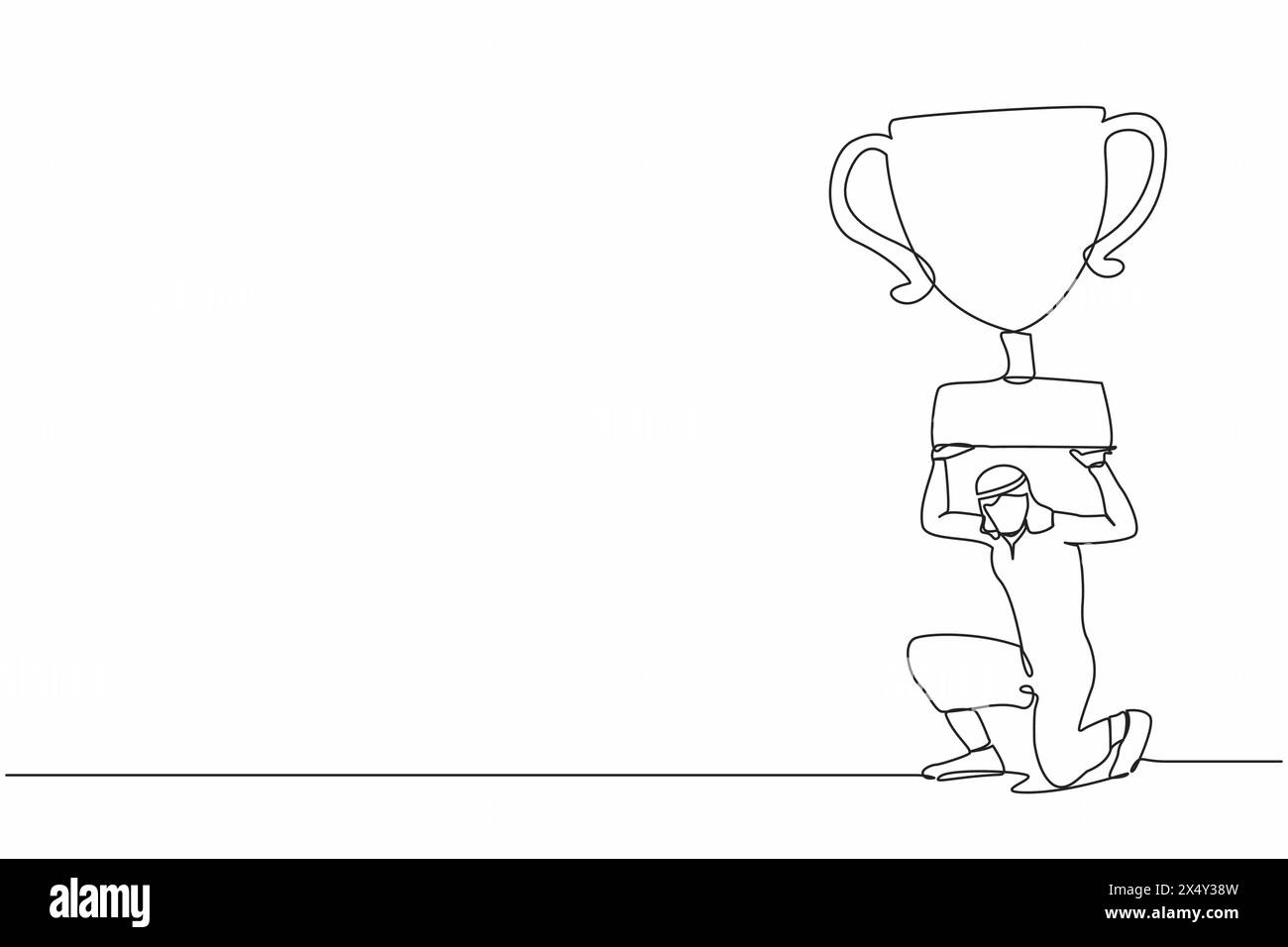 Single one line drawing Arabian businessman carrying heavy trophy on ...