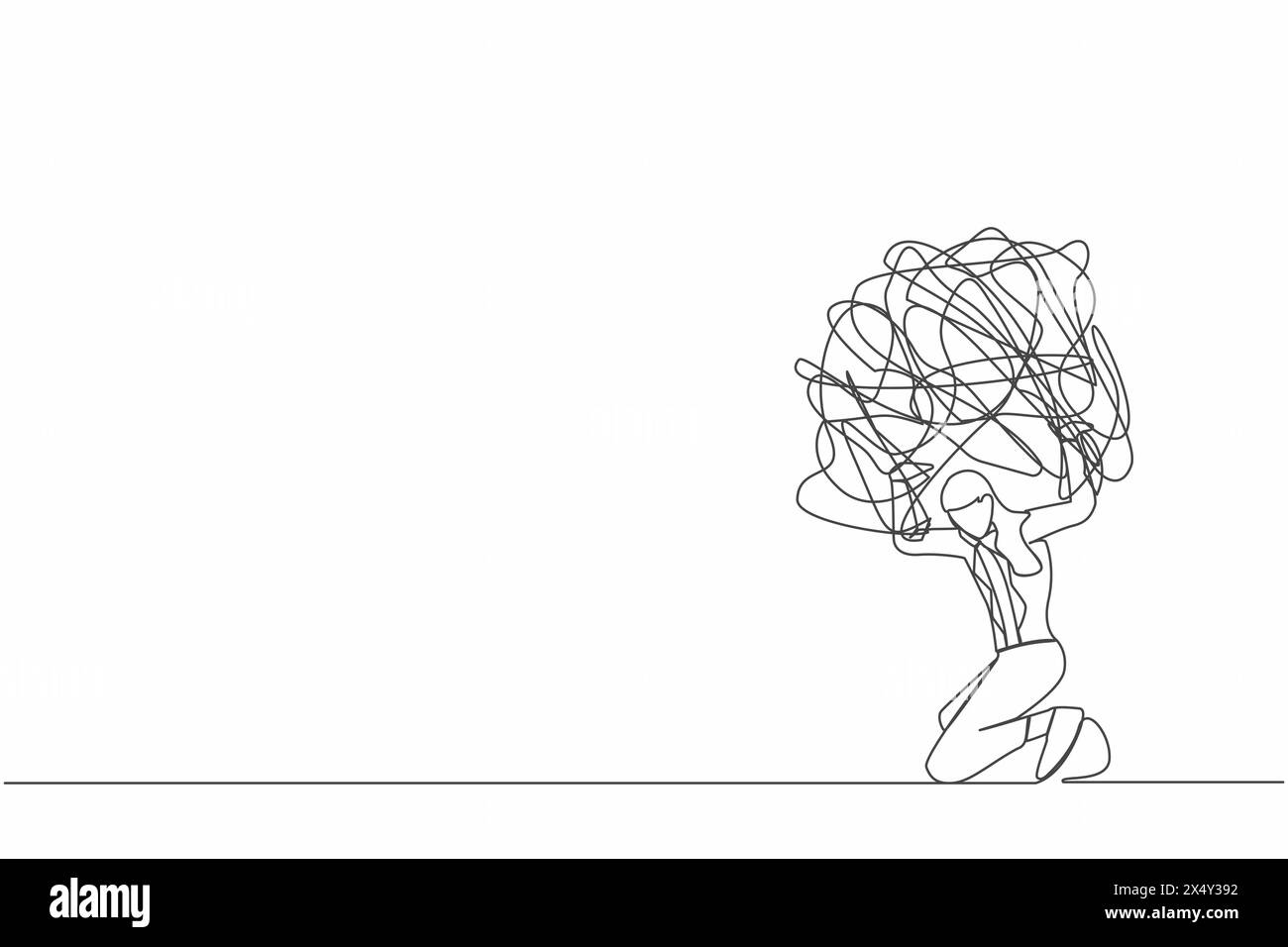 Single one line drawing frustrated businesswoman carrying heavy messy ...