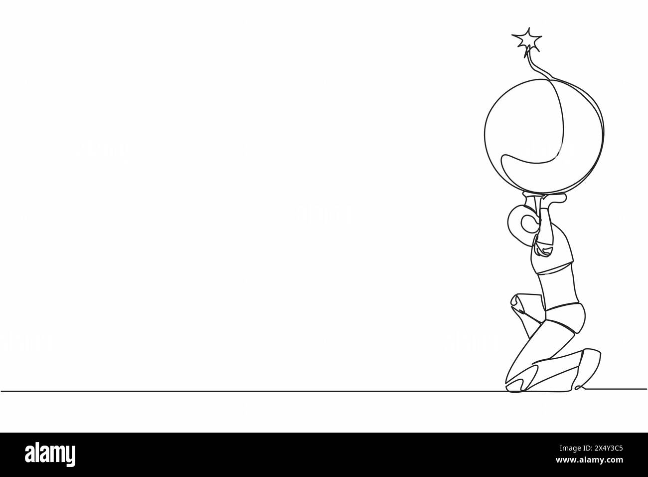 Single continuous line drawing tired robot carrying heavy bomb on his ...