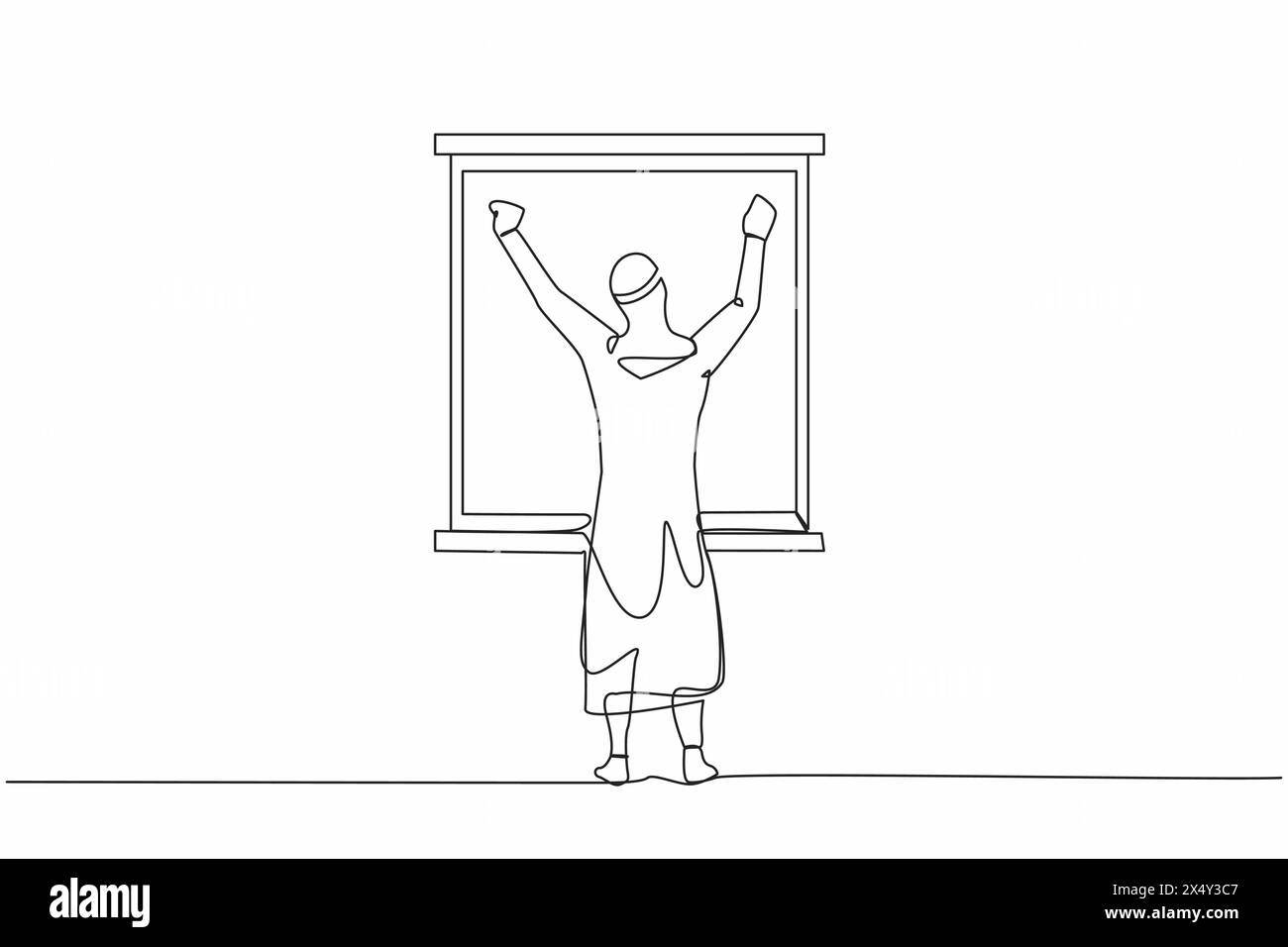 Single continuous line drawing back view relaxed Arabian man stretching ...