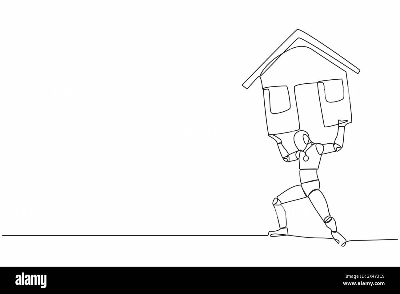 Continuous one line drawing tired robot carrying heavy house on his ...