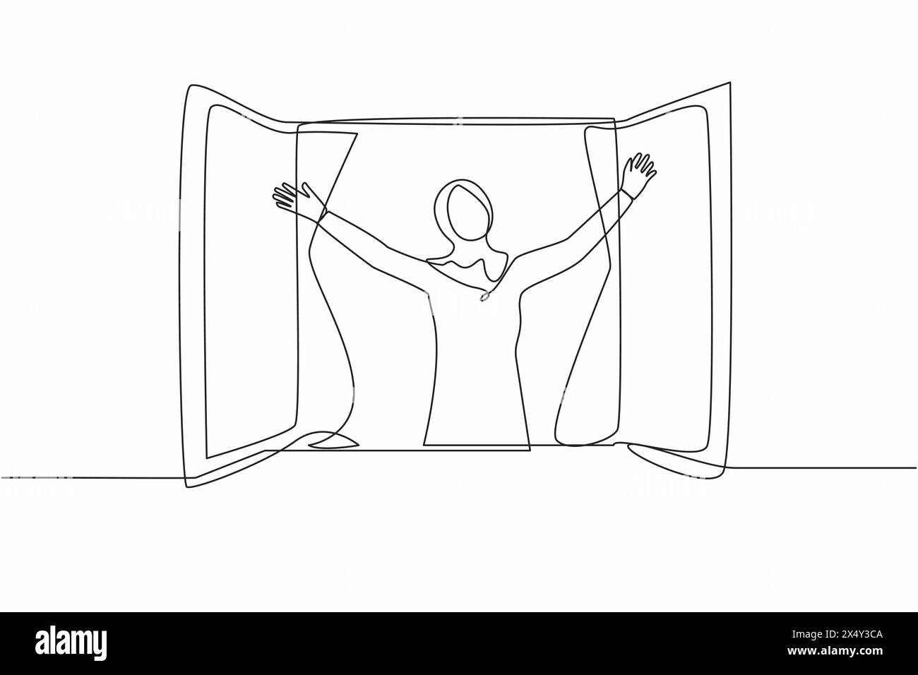 Single continuous line drawing happy Arab woman doing stretching and ...