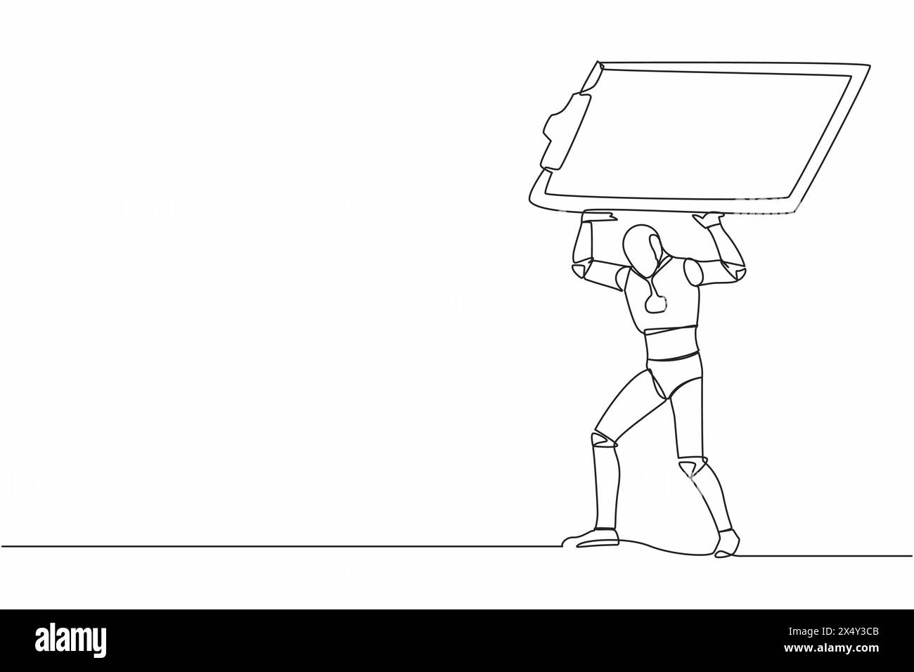 Continuous one line drawing tired robot carrying heavy clipboard on his ...