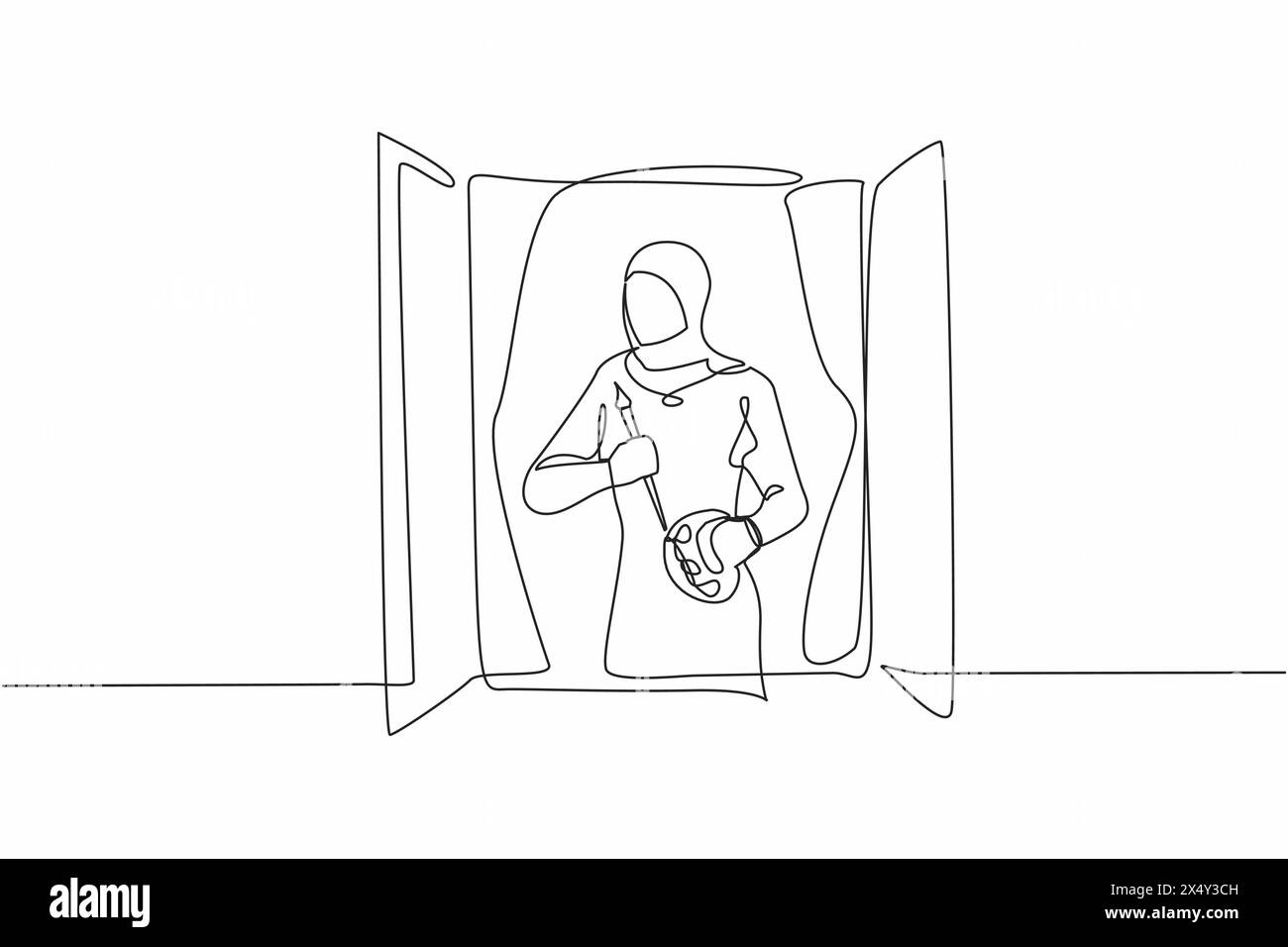Single one line drawing Arabian woman painter drawing near window ...
