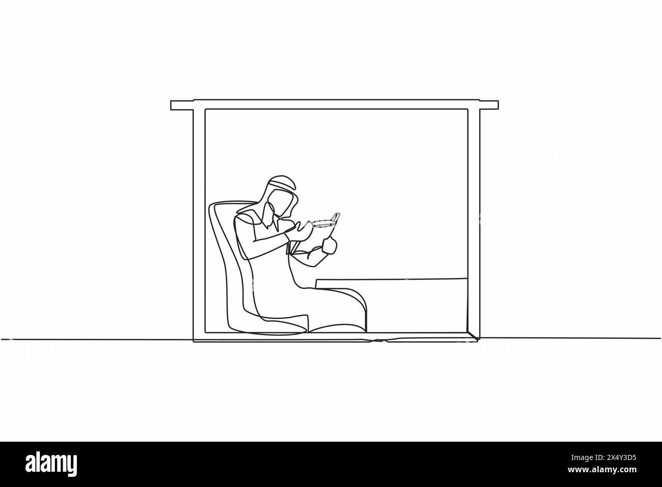 Continuous one line drawing Arab man sitting in chair reading classic ...