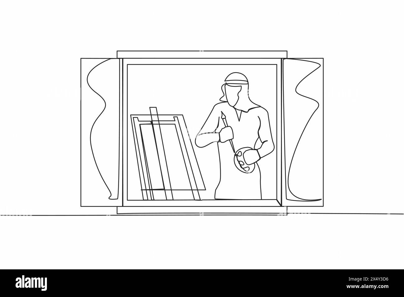 Continuous one line drawing Arab man painter drawing indoor near window ...