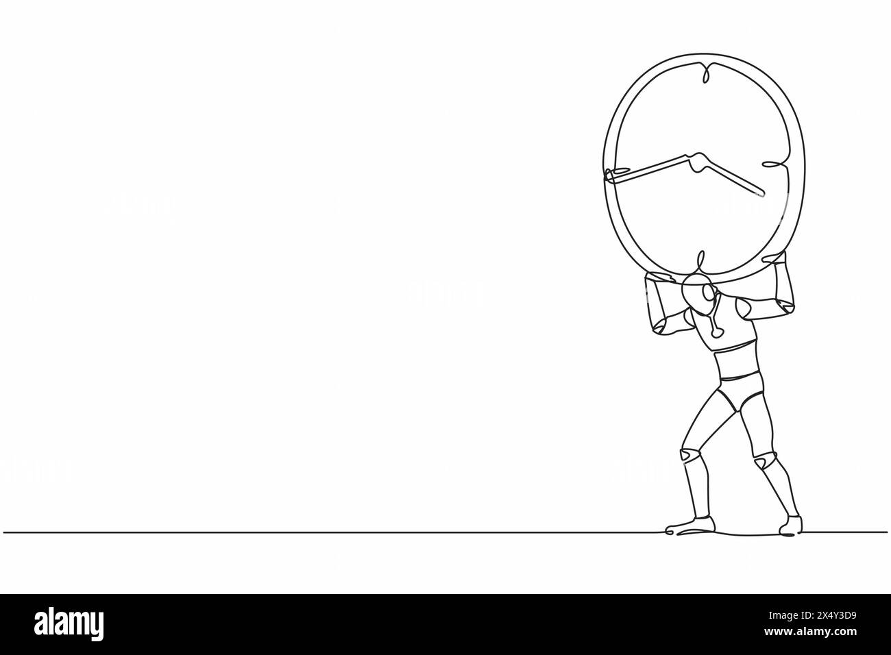 Single one line drawing tired robot carrying heavy clock on his back ...