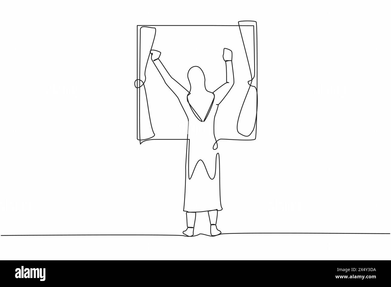 Single one line drawing back view young Arab woman stretching arms in ...